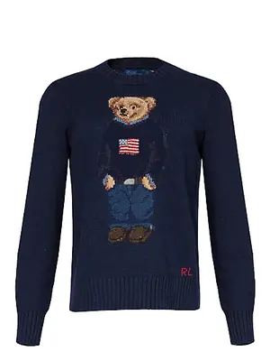 Polo Ralph Lauren Polo Bear Intarsia Cotton And Linen-blend Jumper - Navy Multi