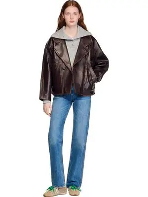 Sandro Oversized Leather Jacket - Navy Blue