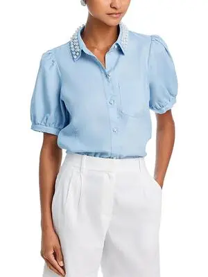 Aqua Faux Pearl Embellished Collar Top - Chambray
