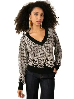 Hale Bob Lilliana Jacquard Sweater - Black / White / Pink / Gray