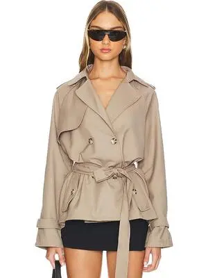 Lioness Cropped Trencherous Coat With Belted Waist And Cuffed Sleeves - Beige