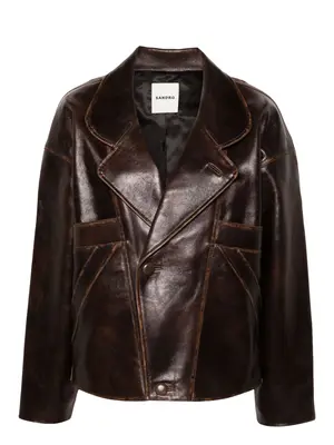 Sandro Oversized Leather Jacket - Brown