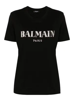 Balmain Crystal-logo Cotton T-shirt - Black
