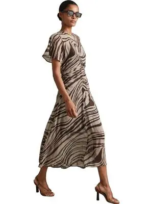 REISS Tabitha Animal Print Midi Dress - Brown/cream