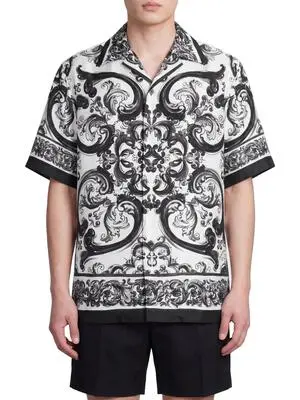 Dolce & Gabbana Silk Bowling Shirt With Short Sleeves And Majolica Print - Black