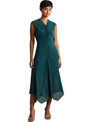 REISS Lyra Mesh Ruched Midi Dress - Teal