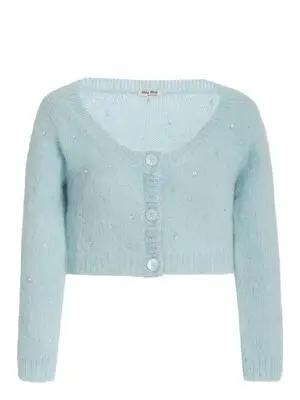 Miu Miu Diamante Embroidered Mohair-knit Cropped Cardigan - Blue
