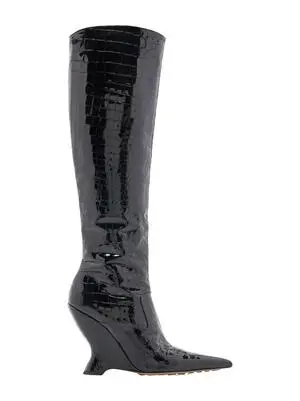Bottega Veneta Punta Gloss Croc-embossed Leather Boots - Black