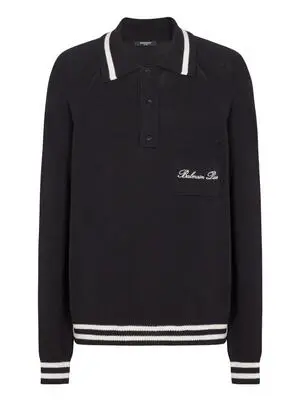 Balmain Logo-embroidered Long-sleeved Polo Shirt - Black