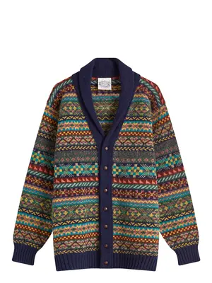 JAMIESON'S OF SHETLAND Fair Isle Shawl Collar Cardigan - Dark Navy