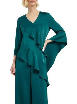 Misook Asymmetric Ruffle Satin Top - Spruce