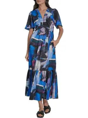 Dkny Print V-neck Maxi Dress - Blue Brush