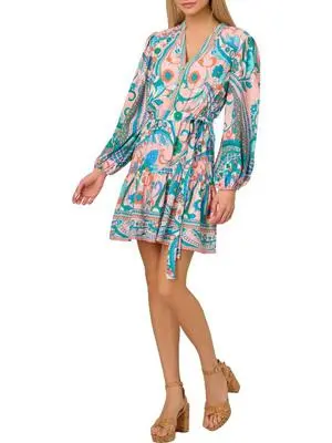 Adrianna Papell Printed Long Sleeve Dress - Peach Multi