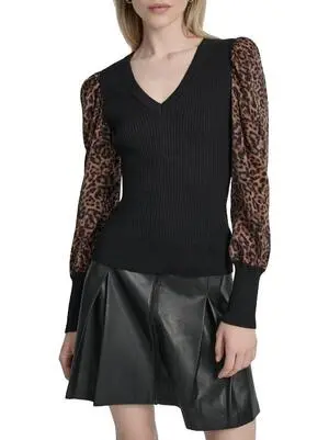 Dkny DKNY Rib Puff Shoulder Sweater Black/ Compact Animal Print