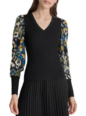 Dkny DKNY Rib Puff Shoulder Sweater Black/brush Stroke Leopard
