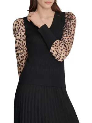 Dkny DKNY Rib Puff Shoulder Sweater Black/cheetah Repeat