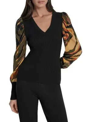 Dkny Rib Puff Shoulder Sweater - Black/ubran Tiger