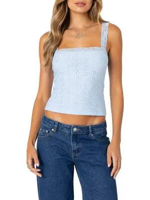 EDIKTED Virginia Lace Trim Eyelet Tank Top - Light-blue