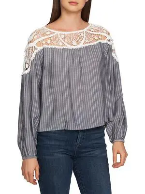1.State Lace Yoke Pinstripe Blouse - Rich Black