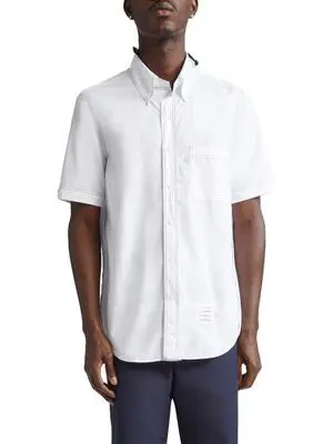 Thom Browne Straight Fit Short Sleeve Cotton Poplin Button-down Shirt - White