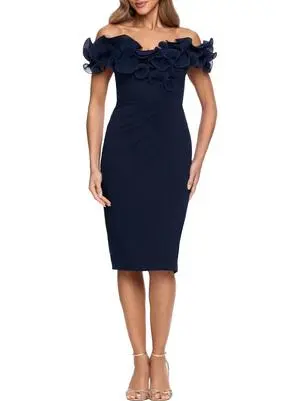 XSCAPE EVENINGS Wire Trim Off-the-shoulder Sheath Dress - Navy