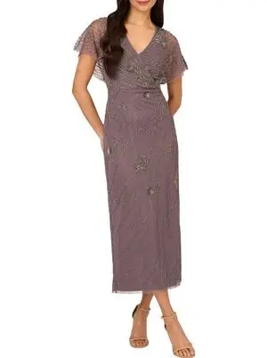 Adrianna Papell Beaded Flutter Sleeve Gown - Moonscape