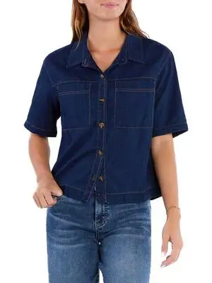 WASH LAB DENIM Boxy Short Sleeve Button-up Shirt - Dark Indigo