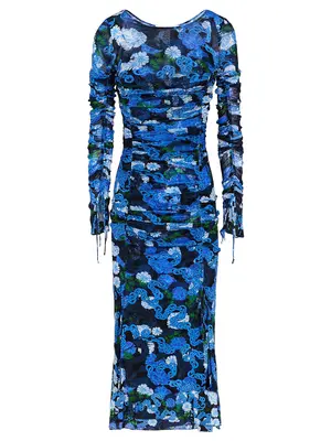 Diane Von Furstenberg Corinne Ruched Printed Mesh Dress - Blue