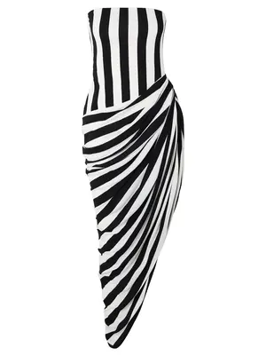Balmain Strapless Asymmetric Draped Striped Jersey Gown - White