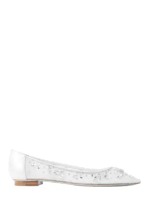 Rene Caovilla Leather-trimmed Crystal-embellished Tulle Flats - White