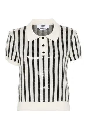 MSGM Sequin-embellished Striped Polo Jumper - White