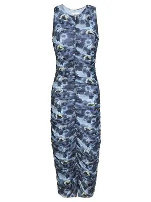 GANNI Ruched Floral-print Midi Dress - Light Blue