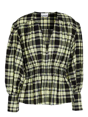 GANNI Checked Cotton-blend Seersucker Blouse - Black