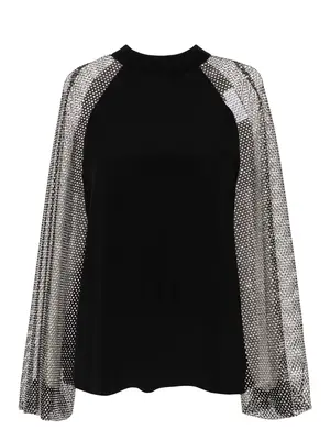 GENNY Rhinestone Mesh-sleeves Blouse - Black