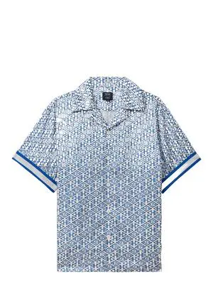 REISS Idra | Ché Monogram Print Cuff Detail Cuban Collar Shirt - Bright Blue/white