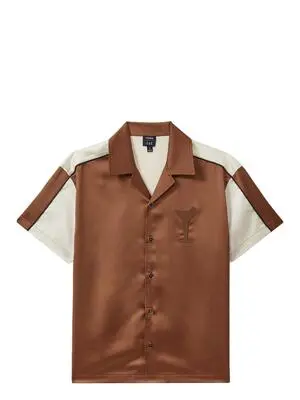 REISS Noto Ché Satin Effect Colourblock Cuban Collar Shirt - Tobacco/ecru
