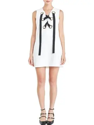 English Factory Grommet Tie Mini Dress - Off White/black