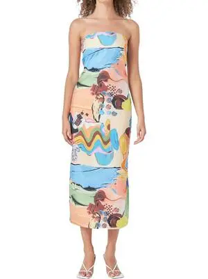 Endless Rose Abstract Print Strapless Dress - Beige Multi