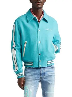 Amiri Bones Wool-blend Varsity Jacket - Sea Blue