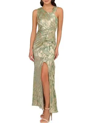 Adrianna Papell Foil Asymmetric Neck Gown - Sage/gold