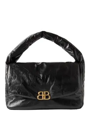 Balenciaga Monaco Large Logo-embellished Padded Crinkled-leather Tote Bag - Black