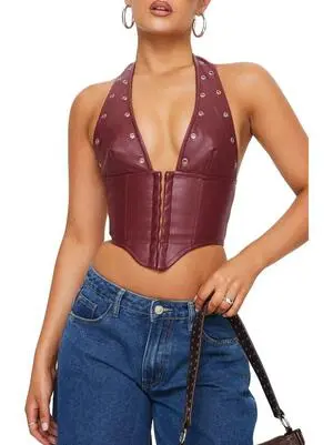 Princess Polly Palladia Jordy Faux Leather Corset Halter Top - Dark Red