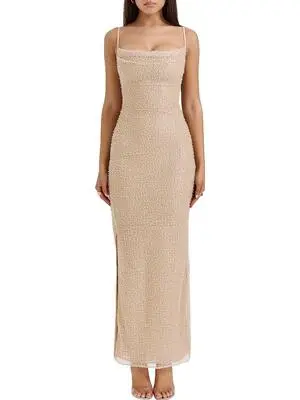 House Of Cb Calla Beaded Mesh Overlay Gown - Bleached Sand