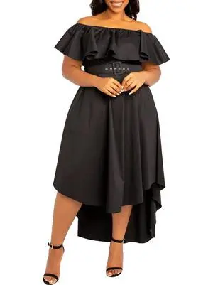 BUXOM COUTURE Flounce Off-the-shoulder High-low Dress With Belt - Black