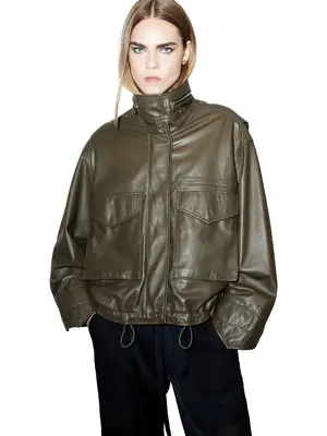 ALLSAINTS Clay Funnel Neck Leather Jacket Khaki Green