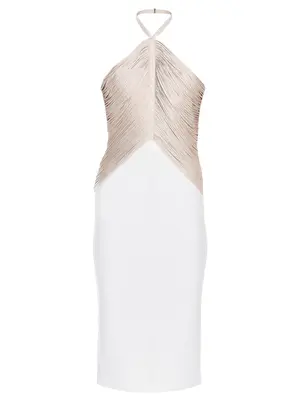 Herve Leger Halterneck Fringe Midi Dress - White