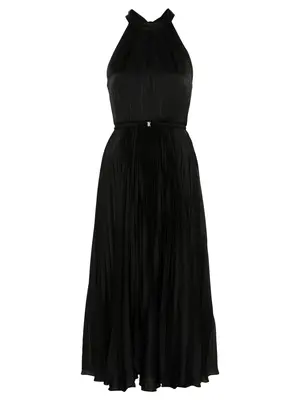 NISSA Pleated Satin Midi Dress - Black