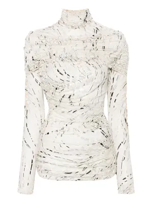 MUGLER Abstract-print Ruched Top - White