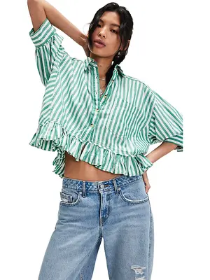 Free People We The Free Bailey Stripe Shirt - French Green Combo