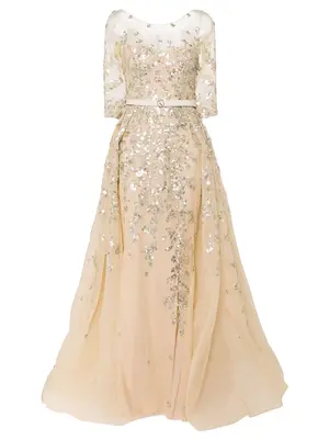 SAIID KOBEISY Beaded Tulle Gown - Neutrals